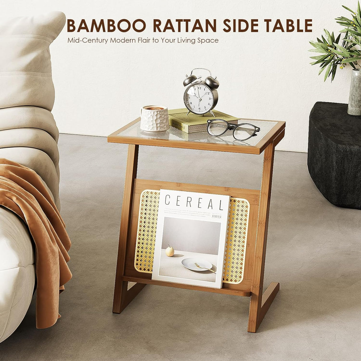 Furnishiaa Rattan Z-Shape Side Table with Glass Top and Storage