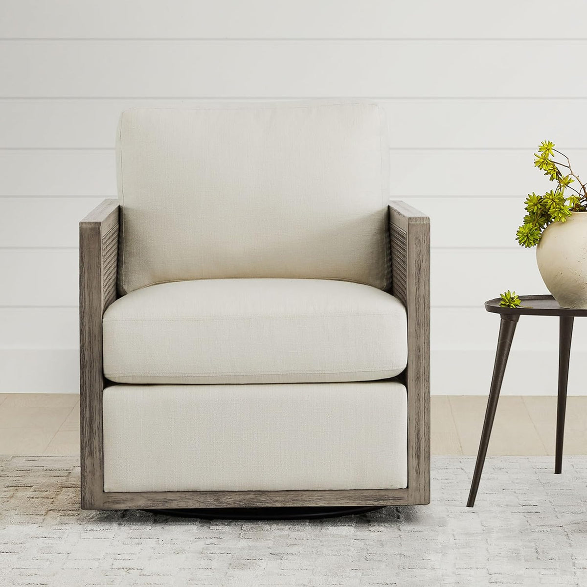 Furnishiaa Swivel Solid Wood Rattan Arm Accent Chair
